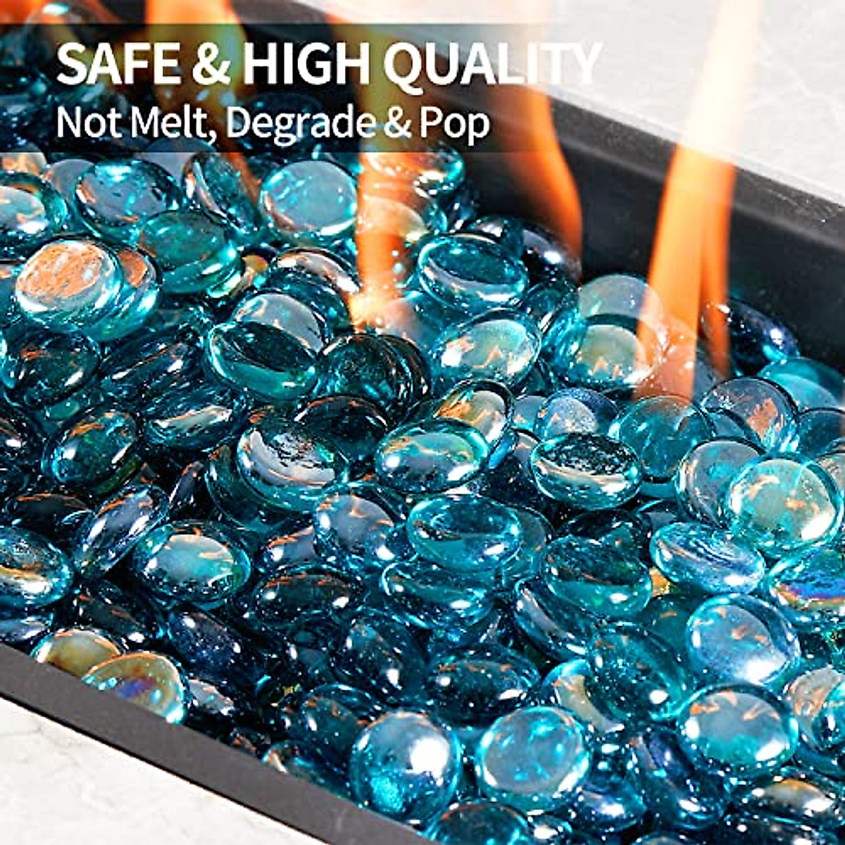 APROMISE Fire Glass for Fire Pit - 3/4 inch Fire Pit Glass Beads | Shiny Fire Glass for Propane/Gas Fire Pit and Fireplace | Flat Glass Marbles for Vase & Aquarium & Garden | 10lbs | Caribbean Blue
