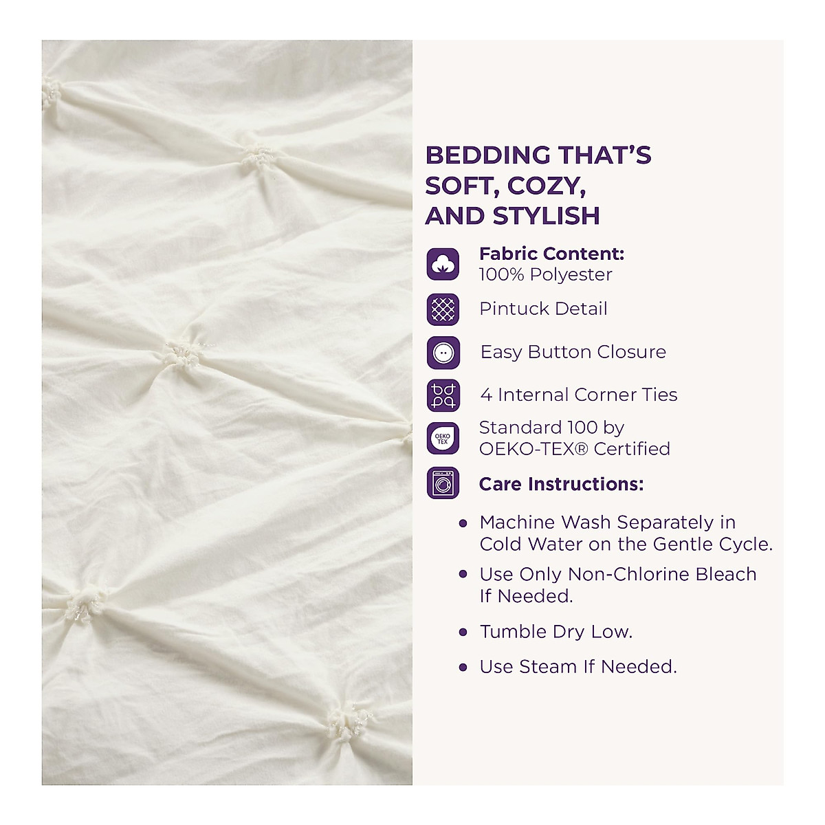 Lush Decor Ravello Pintuck Duvet Cover Set - Luxe 3 Piece Textured Oversized Bedding Set - Traditional Glam & Farmhouse Inspired Bedroom Decor - Full/ Queen, Ivory