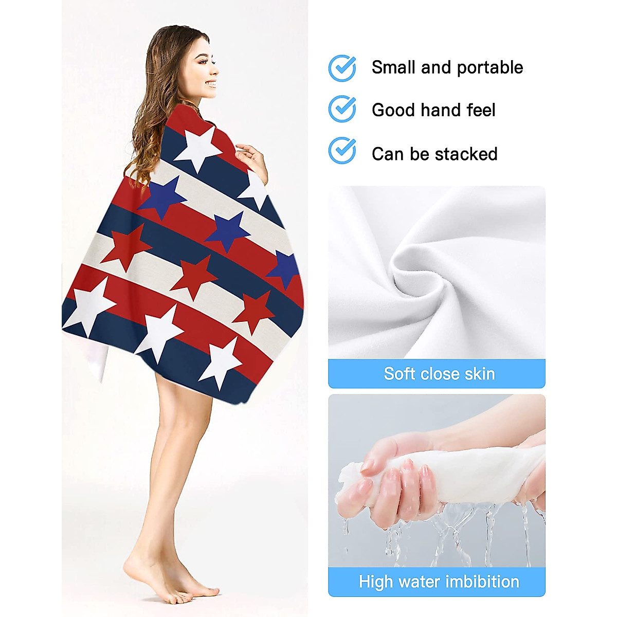 Gsypo Microfiber Beach Towel Oversized 31”x63”, Independence Day USA Falg Red Blue White Stripes Swimming Pool Towels for Adult, Absorbent Sand Free Lightweight Beach Towels for Beach Bath Yoga Hotel