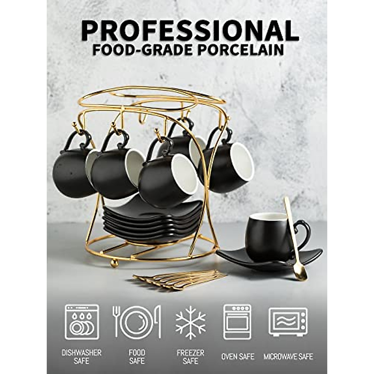 LYEOBOH Espresso Cups with Saucers Set, 3 Ounces Porcelain Coffee Cups with Metal Stand and Spoons,Cappuccino Cups Cute Demitasse Cups for Coffee Drinks, Latte, Tea Set of 6, Black