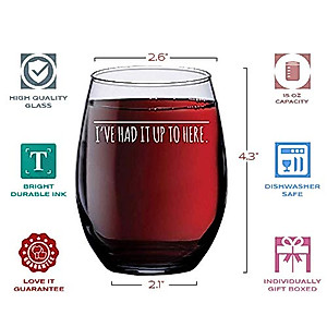 I've Had It Up To Here Wine Glass - Funny Wine Glasses For Women Best Friends Coworker Gifts - Prosecco Glasses Wine Gifts Ideas - Funny Birthday Gifts for Women Men Mom - 15 oz Stemless Wine Glass