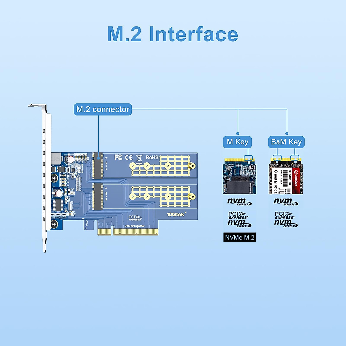 10Gtek 2-Port M.2 NVMe Adapter M-Key, PCIe X8 Gen3. Requires Motherboard BIOS Support for Bifurcation