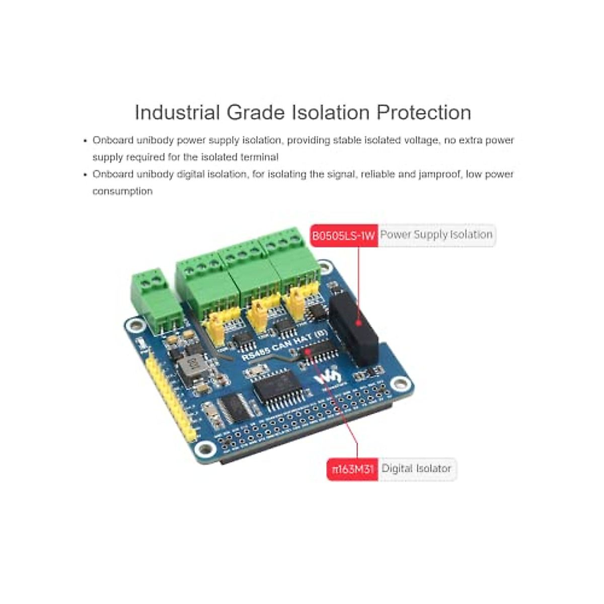 2-Channel RS485 and 1-Channel CAN Expansion Board Isolated RS485 CAN HAT (B) for Raspberry Pi 4B/3B+/3B/2B/B+/A+/Zero W/Zero WH,Multiple Protection Circuits,SPI Communication