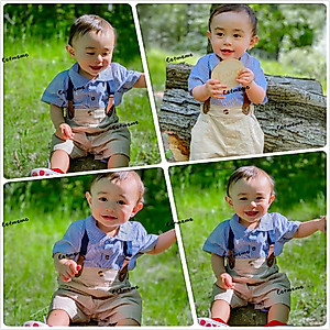MOMMY'S NEW MAN Baby Toddler Boy Gentleman Short Shirt with Bowtie+Suspender Pants (12-18 Months, Blue)