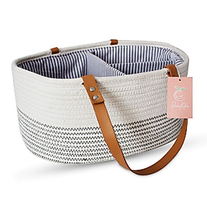 PeachyKehn Rope Baby Diaper Caddy Organizer – Trendy Nursery Storage Bin – Large Woven Cotton Tote with Removable Inserts and Eco Leather Handles – Baby Car Organizer or Shower Gift Basket