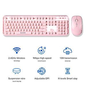 SADES V2020 Pink Wireless Keyboard with Round Keycaps,2.4GHz Dropout-Free Connection,Long Battery Life,Cute Wireless Moues for PC/Laptop/Mac(Pink)