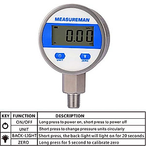 MEASUREMAN 2-1/2" dial, Digital Industrial Vacuum Gauge with 1/4"NPT Lower Mount, Stainless Steel case and Connection, 15psi, 1%,Battery Powered, with LED Light