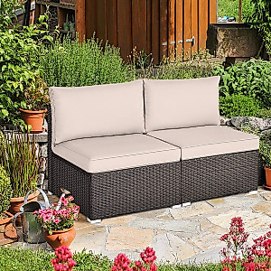 HAPPYGRILL 2PCS Patio Armless Sofa Set Outdoor Rattan Wicker Sectional Sofa Chairs with Cushions for Garden Balcony Patio Poolside