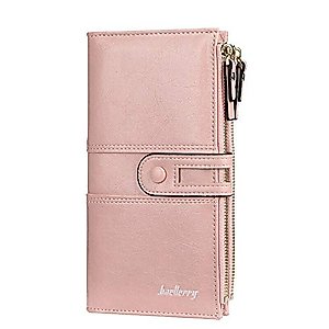 MICROSEVEN Women's Women Large Capacity Leather Double Zipper Long Purse Wallet Phone Bag (Baby Pink)