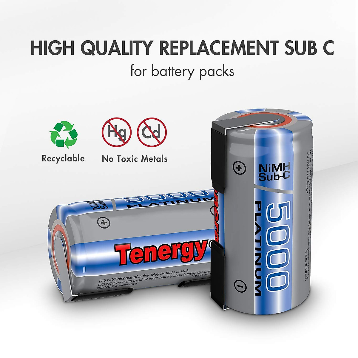Tenergy NiMH SubC 5000mAh Flat Top Rechargeable Battery (with Tabs) - 10 Pack