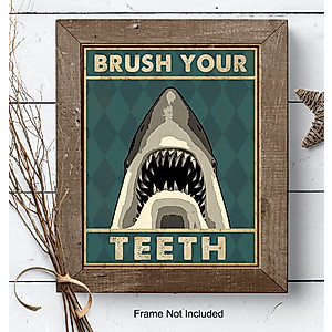 Boys Bathroom Wall Art & Decor - Brush Your Teeth Kids Bathroom Decor - Beach Bathroom Decor - Funny Shark Bathroom Decor - Bath Wall Decor - Unique Restroom Sign - Bathroom Pictures Poster Prints