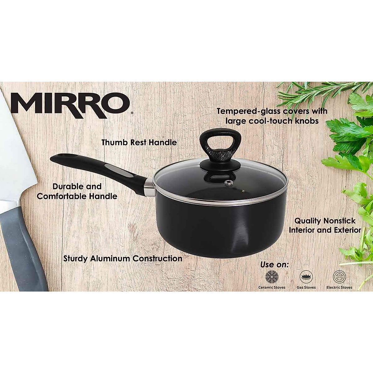 Mirro A7972484 Get A Grip Aluminum Nonstick 3-Quart Saucepan with Glass Lid Cover Cookware, Black