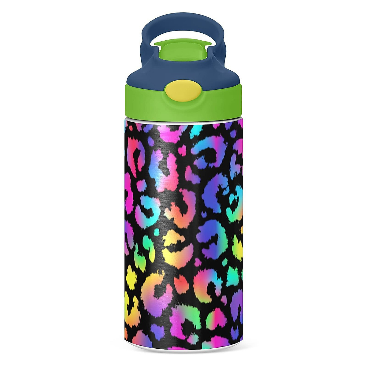 ALAZA Rainbow Leopard Print Cheetah Colorful Kids Water Bottles with Lids Straw Insulated Stainless Steel Water Bottles Double Walled Leakproof Tumbler Travel Cup for Girls Boys Toddlers 12 oz / 350 m