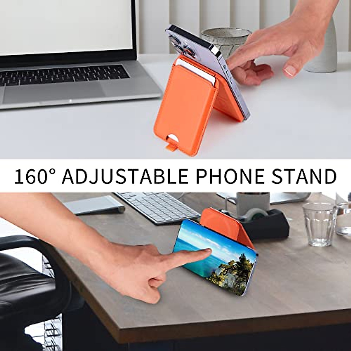H JIDOHUN Magnetic Wallet Card Holder Compatible with MagSafe,iPhone Wallet with Adjustable Stand for iPhone 15/14/13/12 Series,Not for iPhone 13/12 Mini,3 Card Holder, Vegan Leather (Orange)