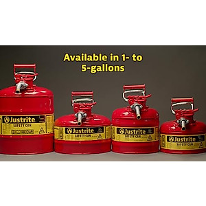 Justrite 5 Gallon Type II Yellow Safety Can for Diesel with Flame Arrester, Self-Closing Lid, and 1" Flexible Metal Spout, Made in the USA, Galvanized Steel Flammable Storage Can, 7250230
