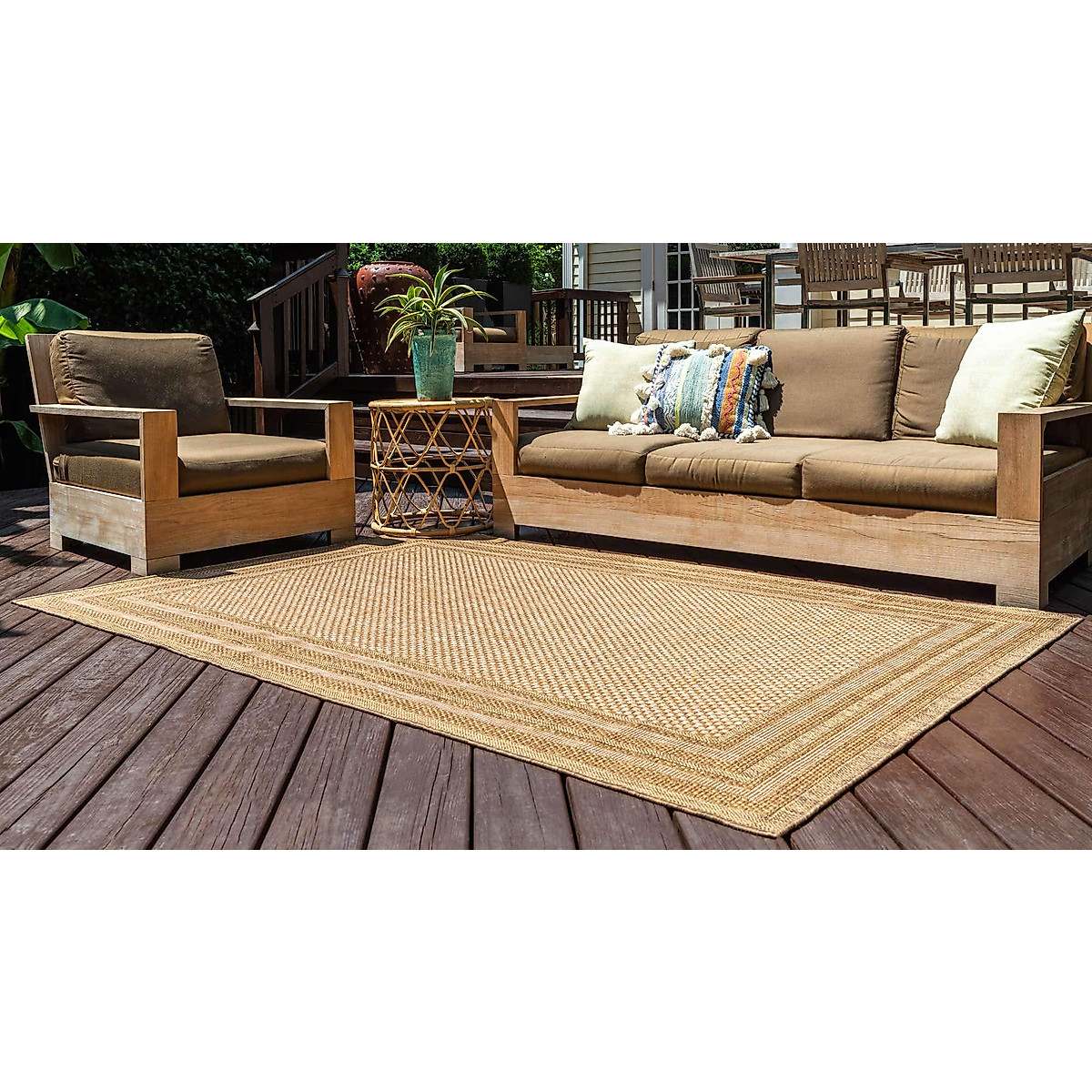 Unique Loom Outdoor Border Collection Area Rug - Multi Border (4' 1" x 6' 1" Rectangle, Tan/ Light Brown)