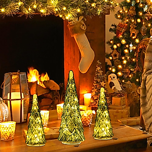 Christmas Decorations Indoor, YEAHOME Set of 3 Pre-lit Green Glass Christmas Tree for Home Decor, Christmas Table Decorations Lighted Xmas Tree with Timer for Living Room Mantel Tabletop Party