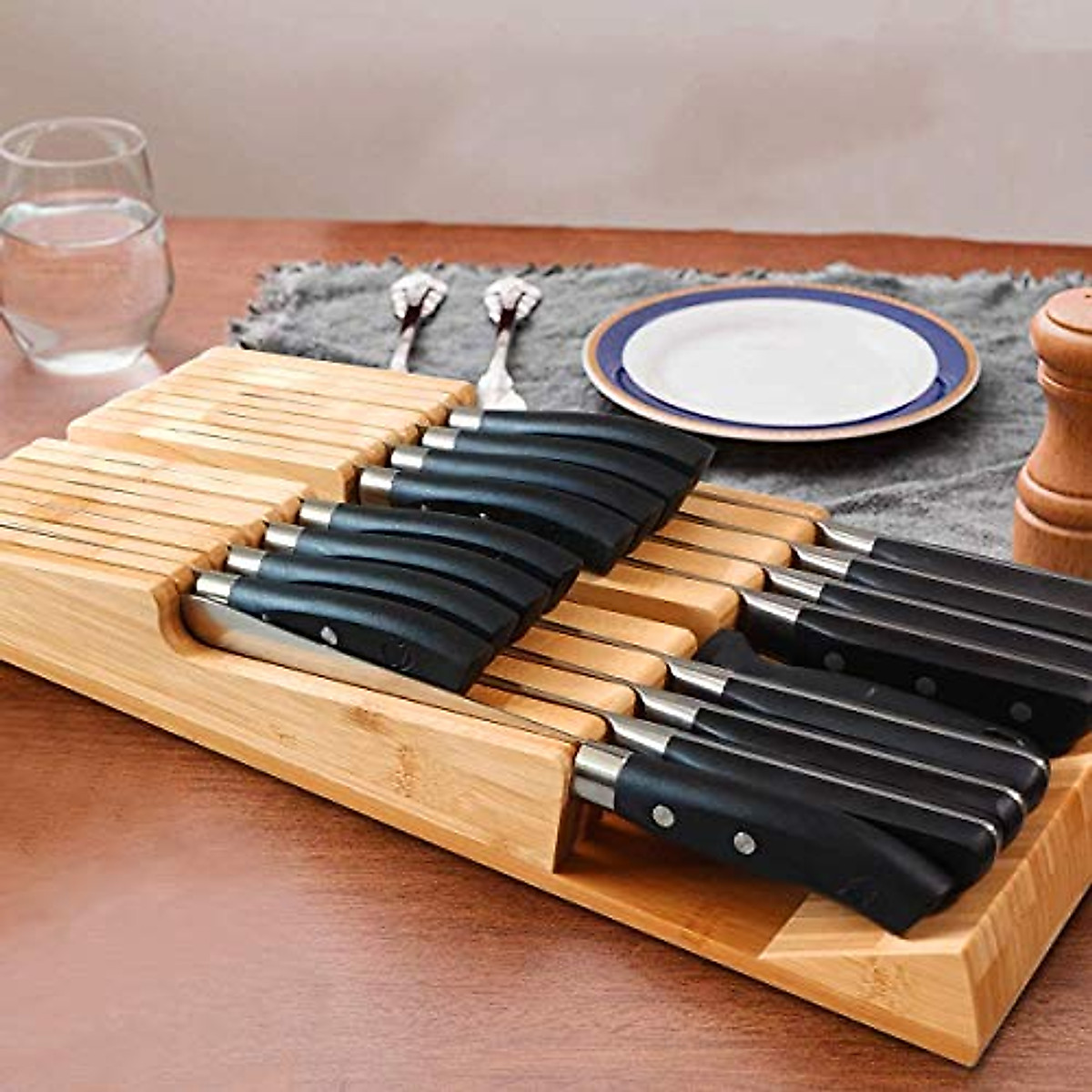 Bamboo In-Drawer Knife Block for 16 Knives and 1 Sharpening Steel(No Knife Included), Large Detachable Washable Kitchen Knife set, Drawer Knife Set Storage, Knife Organizer and Holder