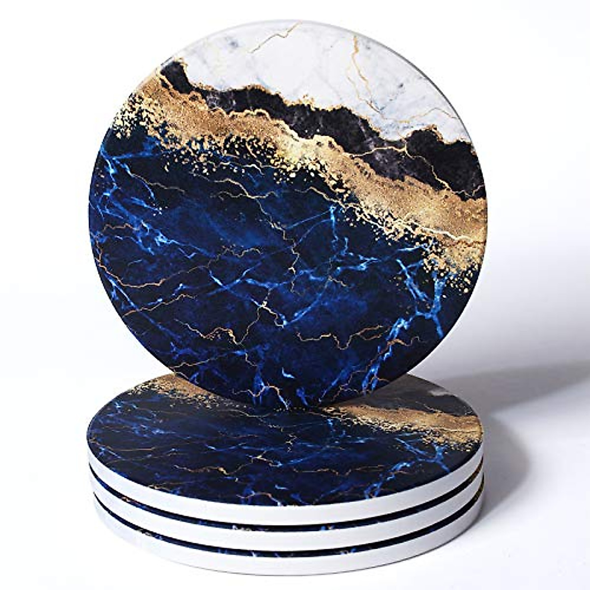RoomTalks Blue and Gold Marble Coasters for Drinks Absorbent 4PCS Modern Abstract Ceramic Coaster Set Cork Back Glitter Stone Coasters for Wooden/Coffee Table (Navy, 4 Pieces)