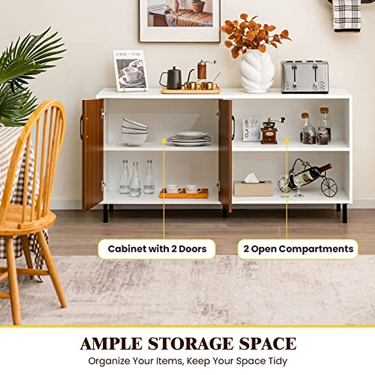 Giantex Buffet Sideboard, Modern Storage Cabinet with 2 Doors and Open Shelves, 58” Kitchen Cupboard with Metal Legs, Coffee Bar Cabinet for Kitchen, Living Room, White & Walnut