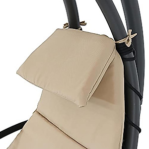 Sunnydaze Floating Chaise Lounger Swing Chair with Umbrella Canopy - Curved Steel Hammock Lounge Chair with Cushion and Pillow - Removable Cushion and Umbrella Shade - 82-Inch Tall - Beige