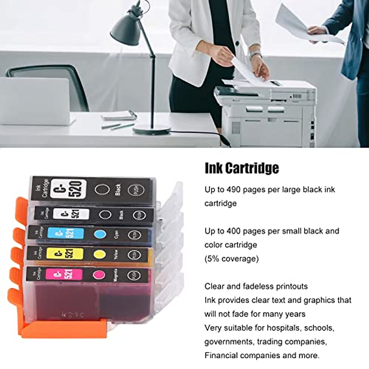 Hilitand Ink Cartridge ABS Printer Cartridge with Ink for Office, Schools, Trade Building Printing Photos, Test Papers, Documents (BK BK C M Y 5 Colors)
