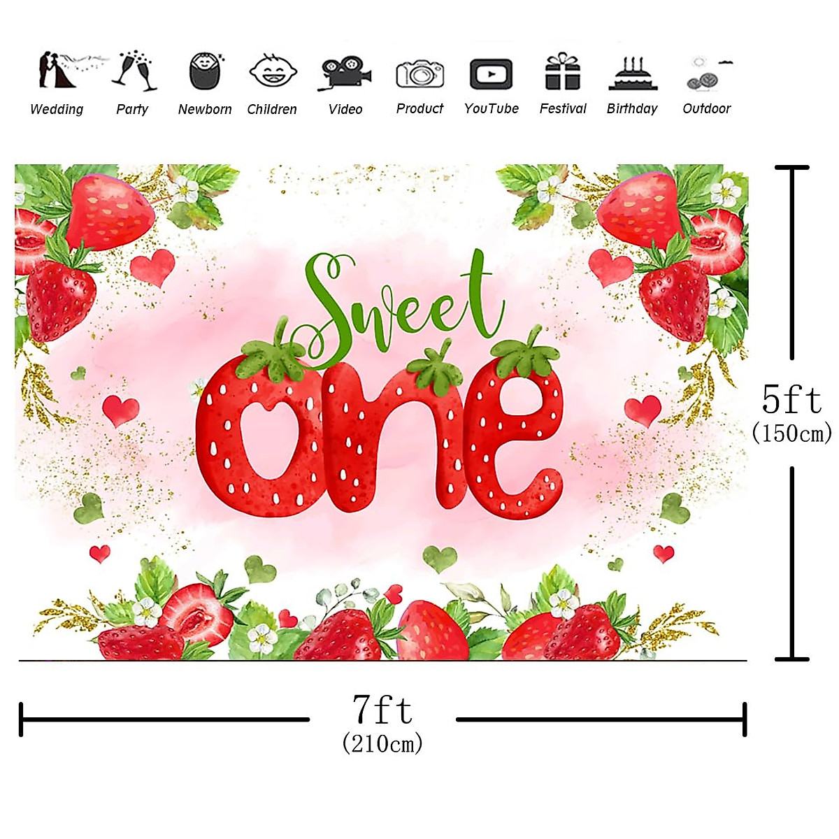Aperturee 7x5ft Strawberry 1st Happy Birthday Backdrop for Girl Sweet One Photography Background First Birthday Party Berry Sweet Girl 1st Bday Red and Green Fruits Banner Favors Photo Booth Props