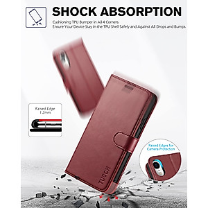 TUCCH Case Wallet for iPhone XR, Kickstand RFID Blocking Credit Card Slot PU Leather Folio Phone Cover with Wireless Charging [Shockproof TPU Shell] Compatible with iPhone XR 6.1, Dark Red