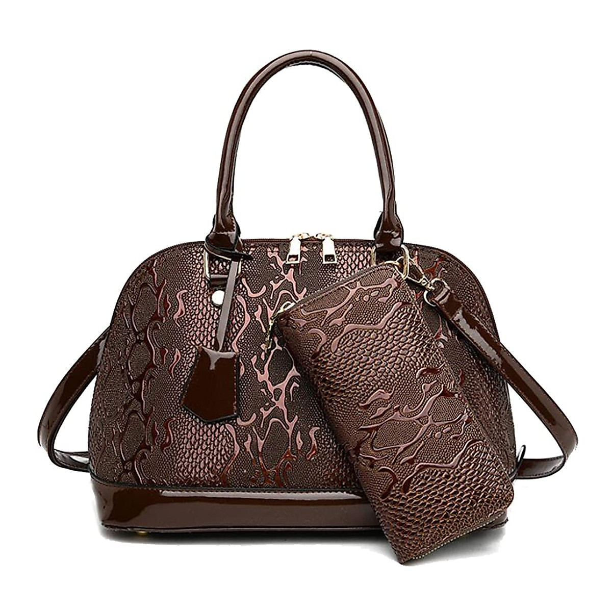 Patent Leather Handbag Crocodile Pattern Top Handle Purse Shell Bag Come with Wallet (Brown)