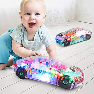 New Concept Transparent Mechanical Gear Toy Musical Car,Early Educational Learning Race Cars,Baby Car Toy with Automatic Steering,Universal Driving Color Lights Flashing Electric Toddler Car