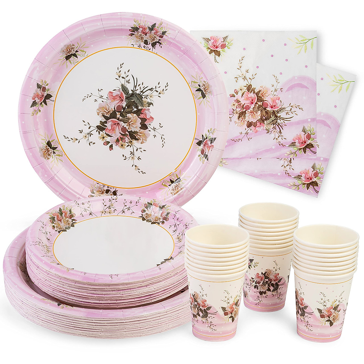 ROYAL BLUEBONNET Paper Plates and Napkins Set, Floral Design, 24 Pieces, Pink, Spring, Disposable Party Supplies