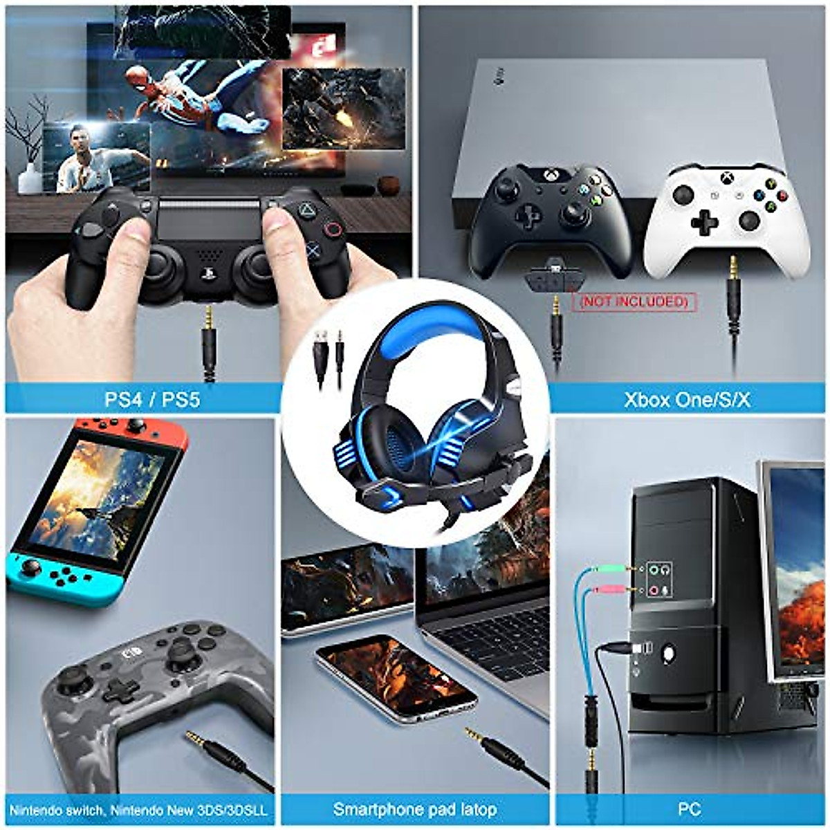 Micolindun Gaming Headset for Xbox One, PS4, PC, Over Ear Gaming Headphones with Noise Cancelling Mic LED Light, Stereo Bass Surround, Soft Memory Earmuffs for PS5, Smart Phone, Laptops, Tablet