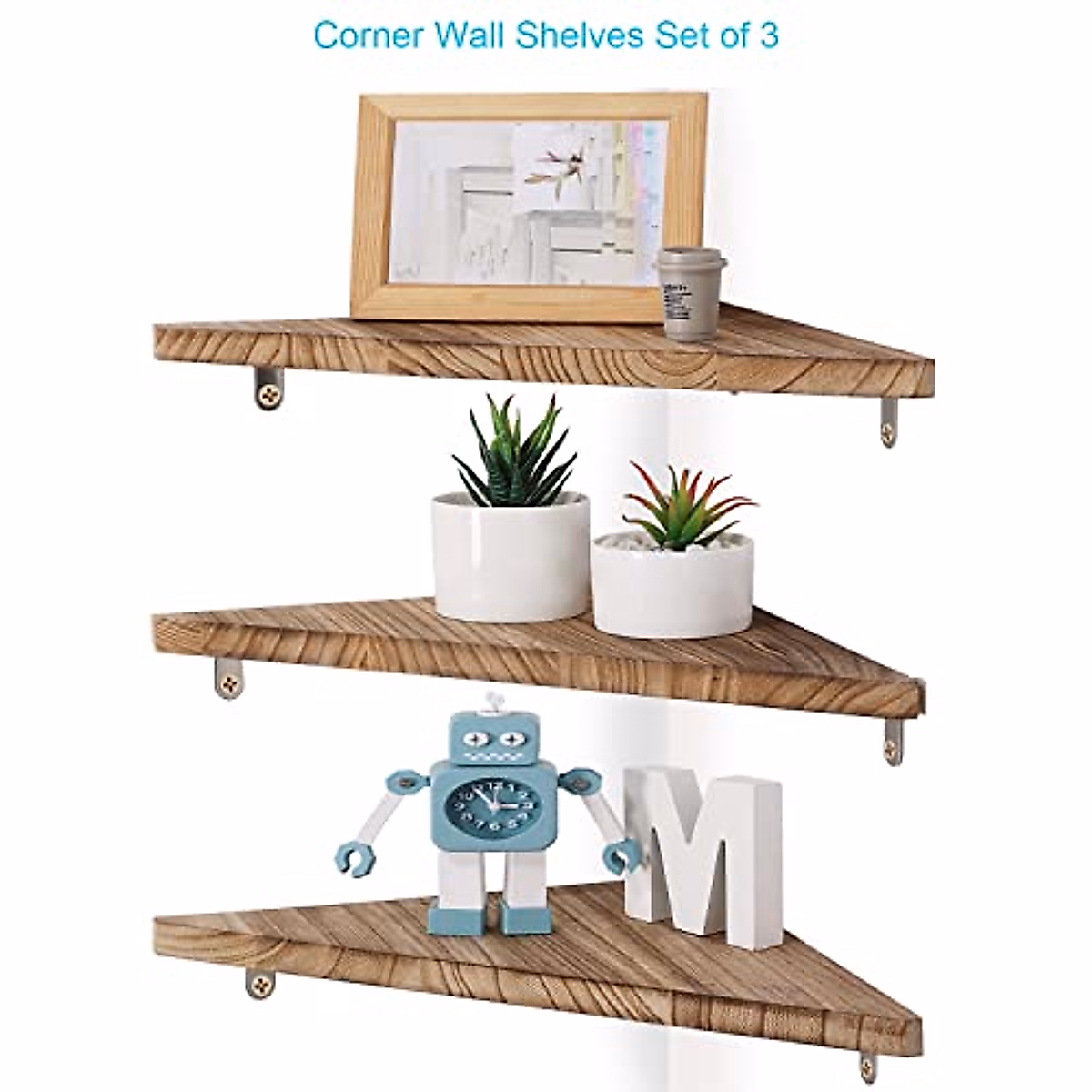 Amy Dceom Corner Wall Shelves Set of 3, Rustic Wood Corner Floating Shelves, Wall Mount Storage Display for TV Accessories, Baby Monitor, Speaker, Cable Box, Game Console (Natural)