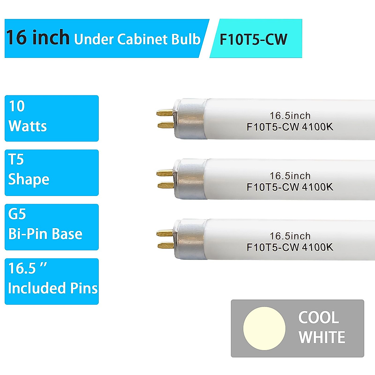 F10T5-CW 16" 4100K Fluorescent Linear Light Bulb,T5 10W Cool White Bulbs Replacement for Jasco,Philips,G5 Miniature Bipin Base(3 Pack)