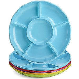Frcctre 10 Pack 6 Sectional Round Plastic Appetizer Serving Platter, 12 Inch Disposable Divided Snack Serving Platter Food Platter Nut and Candy Serving Plate Veggie Fruit Dish Platter