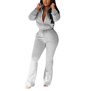 Bluewolfsea Two Piece Outfits for Women - Casual Long Sleeve Zip Top Sweatshirt + Bell Bottoms Jogging Sets Medium Gray
