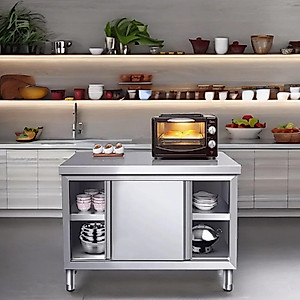 EHONXI Stainless Steel Commercial Worktable w/Sliding Doors for Prep & Work, 39" x 20" Commercial Kitchen Prep Table, Heavy Duty Workbench w/Cabinet for Home, Restaurant, Hotel and Garage