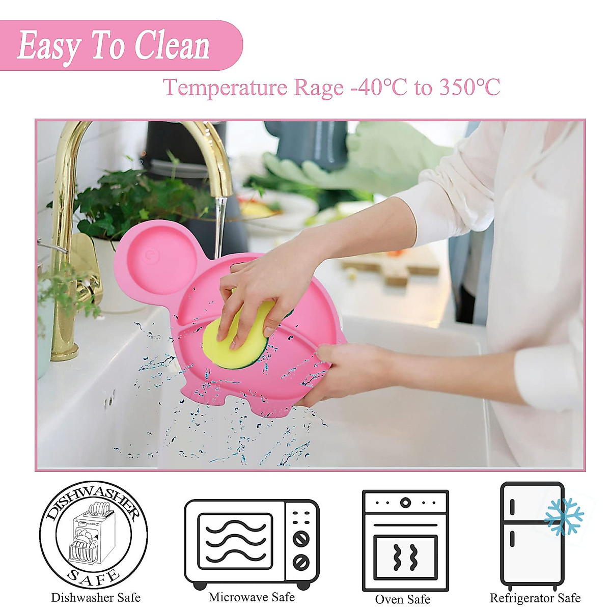 NICINGU Silicone Suction Plate spoon fork sets for Toddlers,Divided Plate Dish Placemat Bowl for Baby Kids Infant Self Feeding Training，Fits Most Highchairs, BPA Free Microwave Dishwasher Safe-Pink