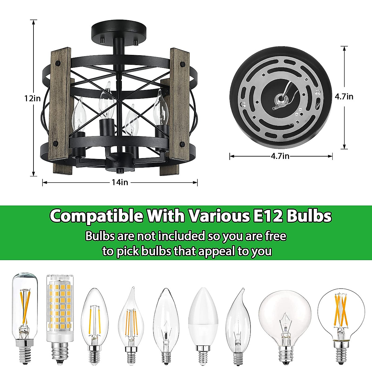 BrightHome Farmhouse Rustic Light Fixture Ceiling Mount, Semi Flush Mount Ceiling Light Fixture, 4-Light Black Industrial Retro Washed Ceiling Light for Kitchen Dining Room Bedroom Hallway Bathroom