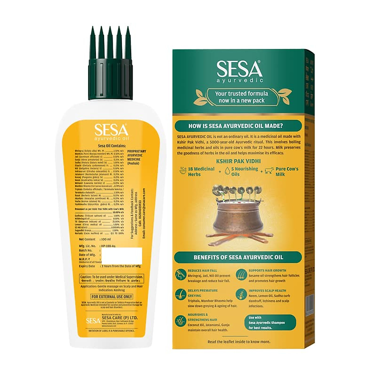SESA Ayurvedic Hair Oil With Bhringraj & 17 Rare Herbs With Coconut Oil and 4 Nourishing Oil For Hair Growth Help Control Hair Fall & Easy Hair Oil Applicator For Women and Men, 3.38 Fl Oz or 100 ml