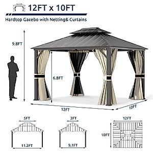 UDPATIO 10' x 12' Hardtop Gazebo, Outdoor Aluminum Gazebo with Galvanized Steel Double Roof, Permanent Metal Canopy with Curtains and Netting for Patio, Garden, Lawn, Backyard, Deck, Beige