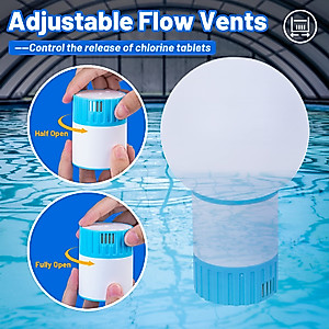 Pool Chlorine Floater for 1 Inch Tablets, 2 in 1 Floating Chlorine Dispenser with 3.4 Inch LED Ball Lights, Chlorine Tablet Holder for Small Above Ground and Inground Pools, Spa, Hot Tub-2 Pack