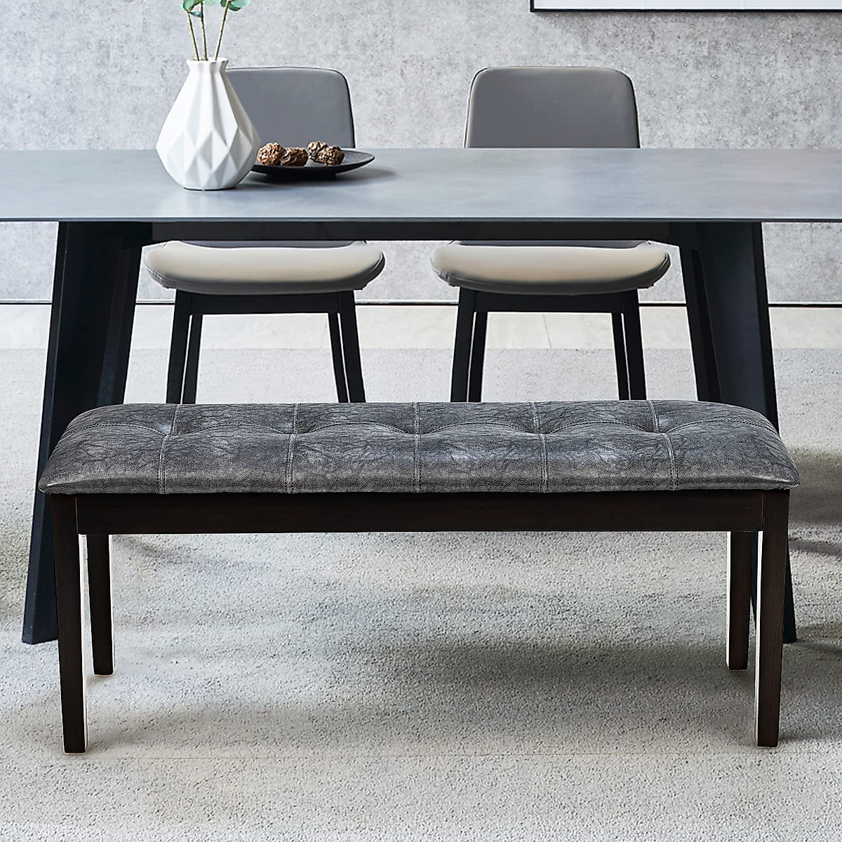 GORELAX Upholstered Dining Bench Seat with PU Leather, Button-Tufted Ottoman Accent Bench w/Rubber Wood Legs, End of Bed Bench for Bedroom, Entryway Bench for Living Room, Hallway (Grey)