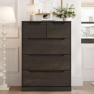 HOSTACK Modern 5 Drawer Dresser for Bedroom, Chest of Drawers with Storage, Wood Storage Chest Organizers with Cut-Out Handles, Accent Storage Cabinet for Living Room, Entryway, Hallway, Dark Brown