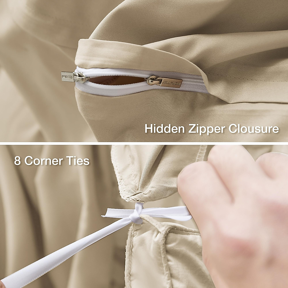 JELLYMONI Queen Size Khaki Duvet Cover Set - 3PCS Microfiber Bedding Set, Stylish Pleated Design, 8 Corner Ties & Zipper Closure, Ultra Soft and Comfortable