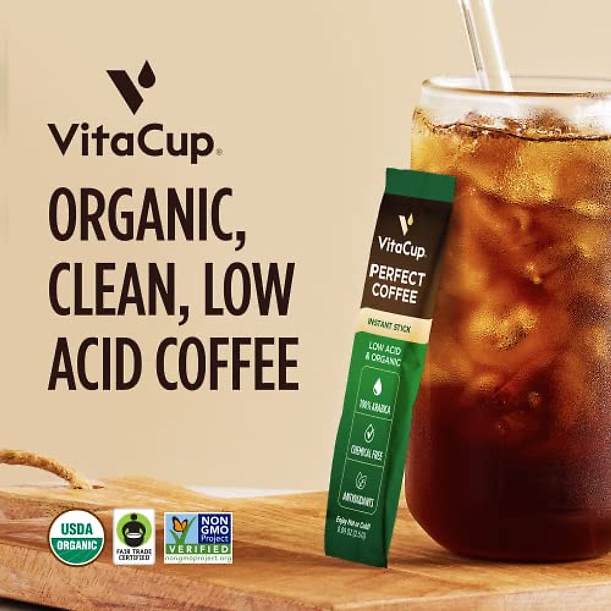 VitaCup Perfect Low Acid Instant Coffee Packets, Dark Roast Coffee, USDA Organic & Fair Trade, Third Party Tested for Mycotoxins & Pesticides, Single Origin, Clean & Pure, 48 ct