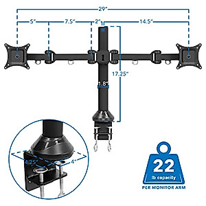 Mount-It! Dual Monitor Mount | Double Monitor Desk Stand | Fits 2 Computer Screens 19 20 21 22 23 24 27 Inches | C-Clamp and Grommet Base | Heavy Duty Full Motion Arms | VESA 75 100 Compatible