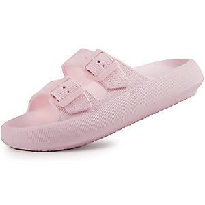 Weweya Double Buckle Slides For Women Pillow Slippers Adjustable Eva Slip On Wide Width Slides Sandals Light Pink Women Size 11 11.5