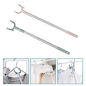 Beavorty Clothesline Outdoor 2pcs Telescoping Clothesline Retractable Clothesline Rod Clothes Reaching Rods Adjustable Reaching Pole Hanger Extend Utility Pole Hook Metal Hangers