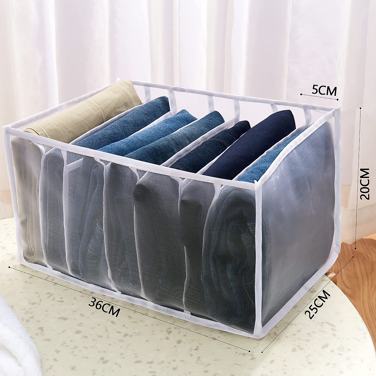 Wardrobe Clothes Organizer for Closet and Mesh Storage for Jeans Folded Clothes, Drawer Organizer Clothes (Jeans with 7 Grids Large White)